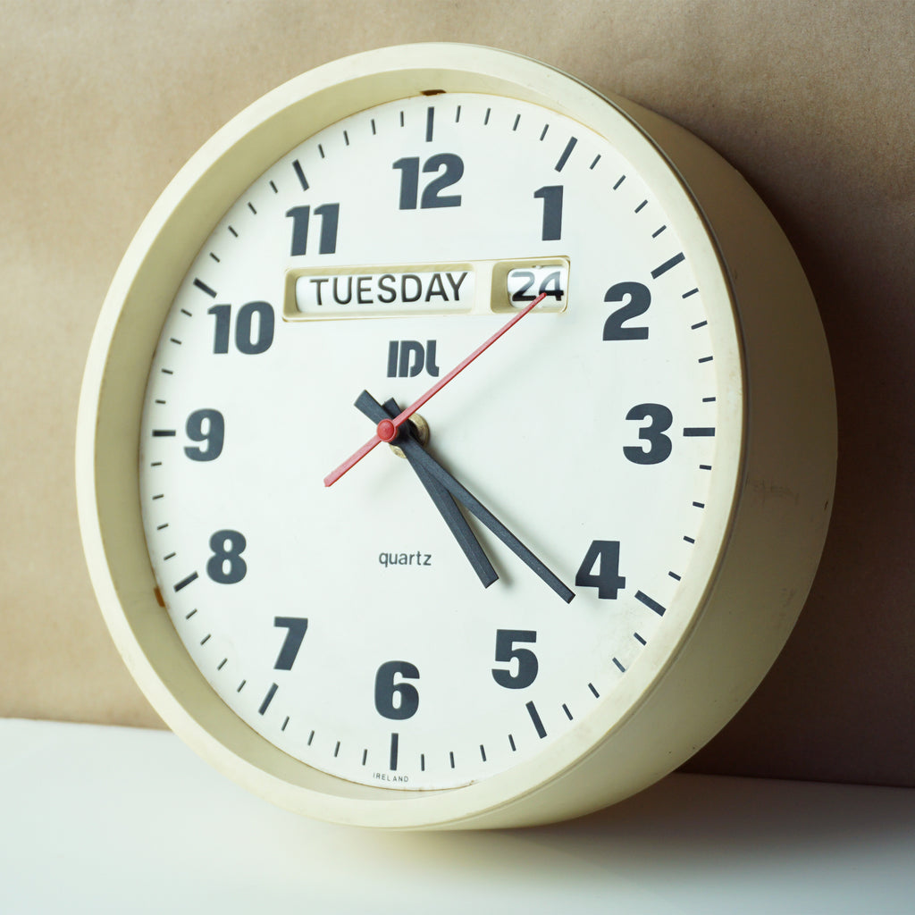 1970s Vintage 9" IDL Day and Date Wall Clock, JAZ Quartz France. Made ...